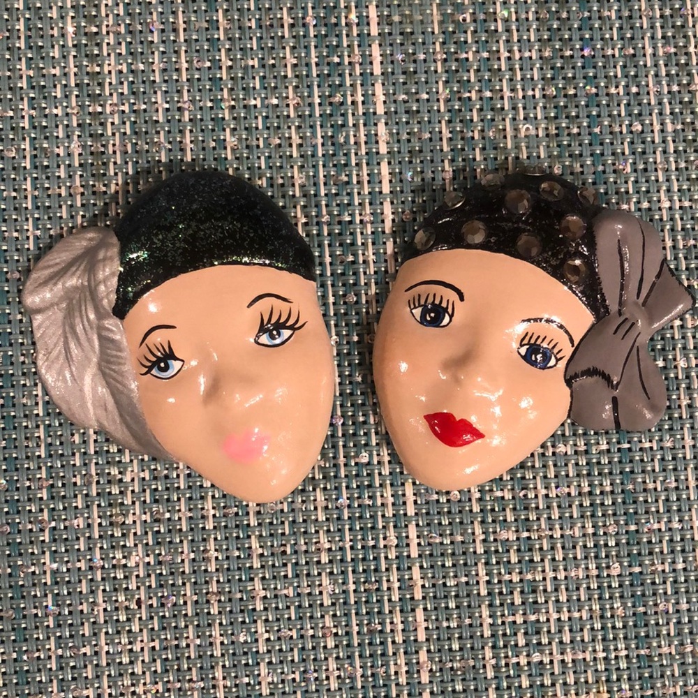 2 Vintage Flapper 20’s Style Face Pins - Gem